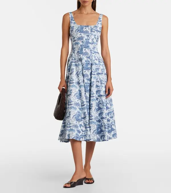 Staud Wells Floral Cotton Poplin Midi Dress - Blue