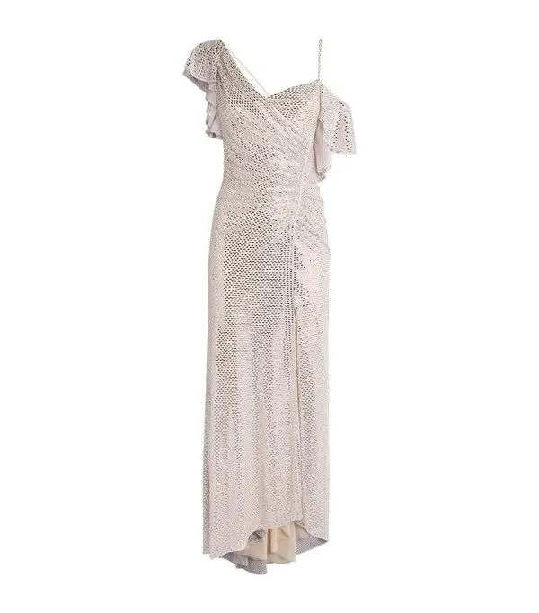 SELF-PORTRAIT Rhinestone Gathered Maxi Dress - Silver