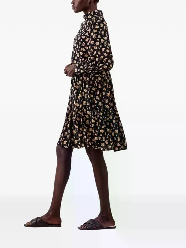 IVY OAK Floral Print High Neck Long Sleeve Tiered Dress - Black