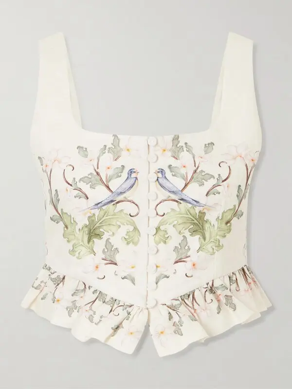 Agua Bendita Floral-print Linen Cropped Top - Neutrals