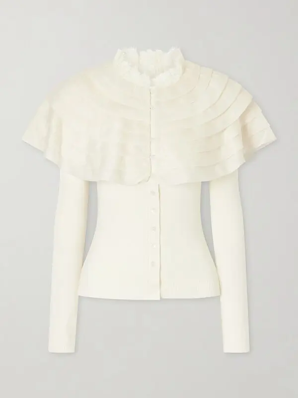Sea Wanda Ruffled Capelet Wool Cardigan - Neutrals