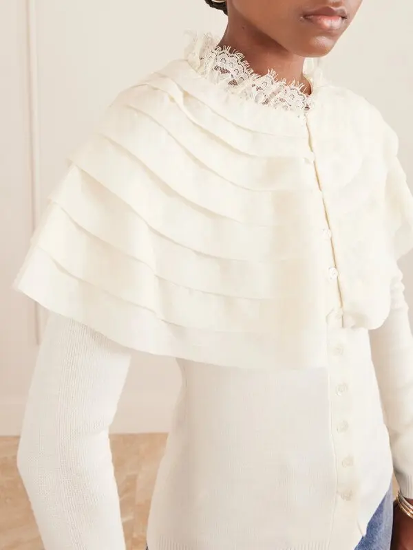 Sea Wanda Ruffled Capelet Wool Cardigan - Neutrals