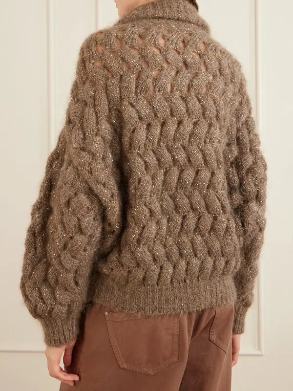 Brunello Cucinelli Sequin-embellished Mohair-blend Zip-up Cardigan - Brown