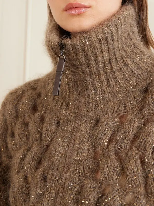 Brunello Cucinelli Sequin-embellished Mohair-blend Zip-up Cardigan - Brown