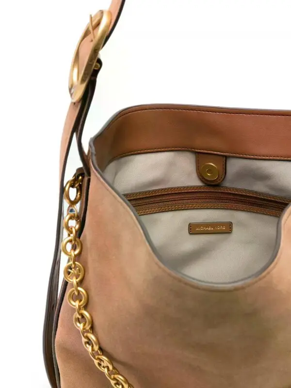 Michael Kors Large Suede Shoulder Bag With Gold-tone Chain-link Trim - Brown