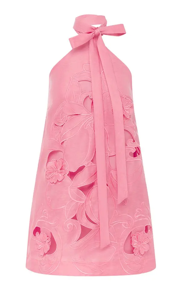 LEO LIN Lola Floral-appliqued Linen-blend Halter Mini Dress - Pink