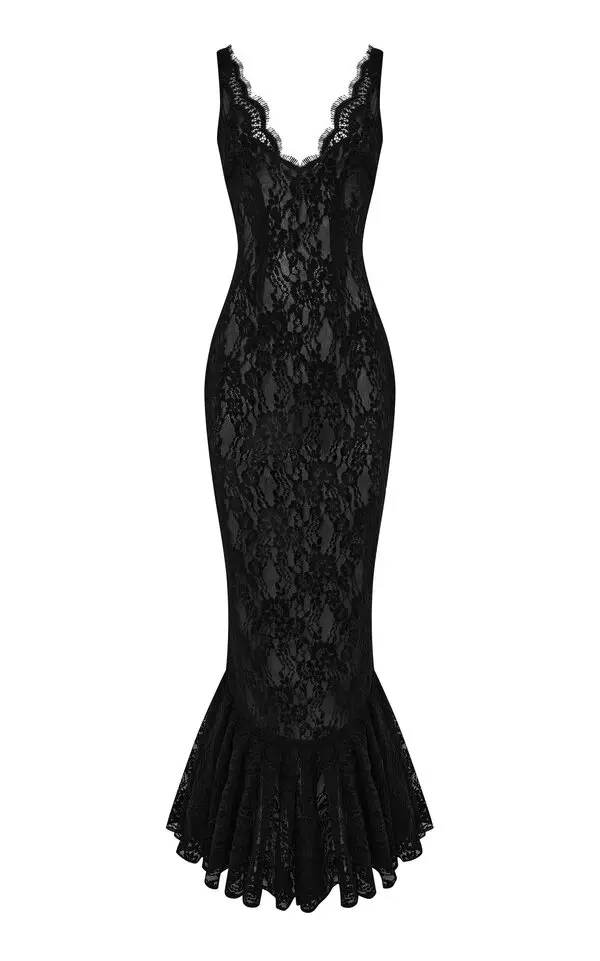 RASARIO Lace Gown With Back Slit - Black