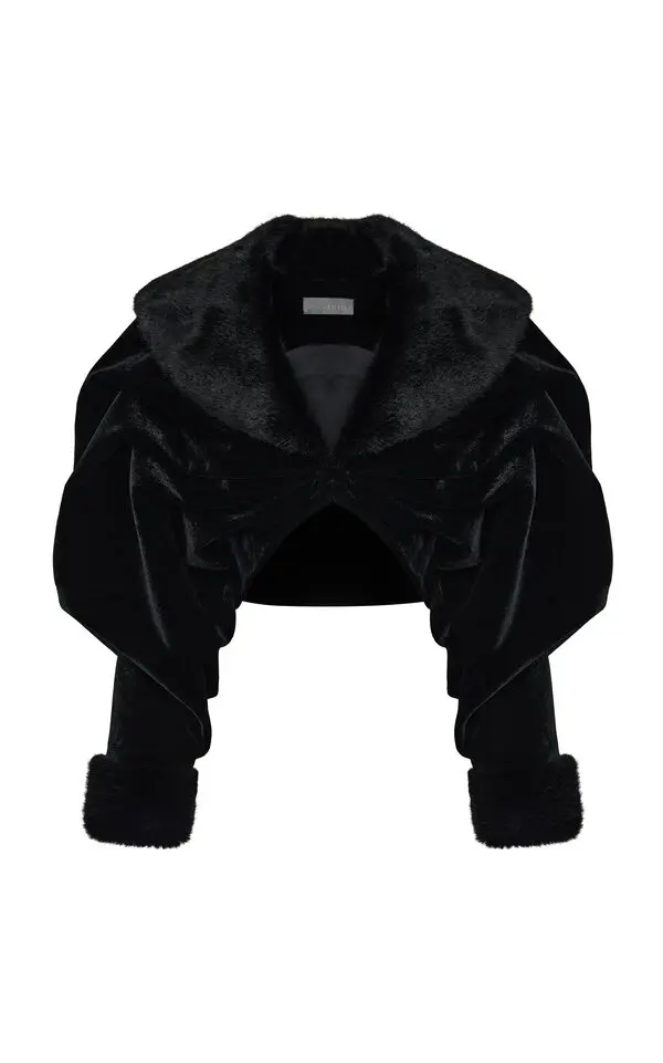 RASARIO Cropped Velvet & Faux Fur Coat - Black