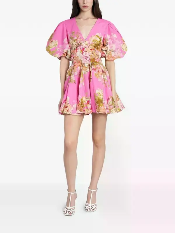Hemant & Nandita Floral-print Puff-sleeve Mini Dress - Pink