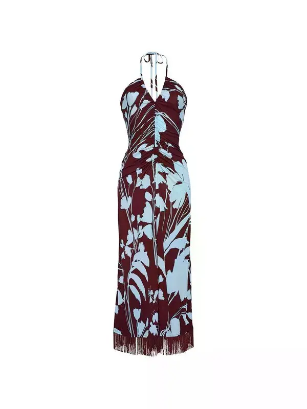 Cara Cara Shelter Island" Floral Print Ruched Halterneck Midi Dress - Red