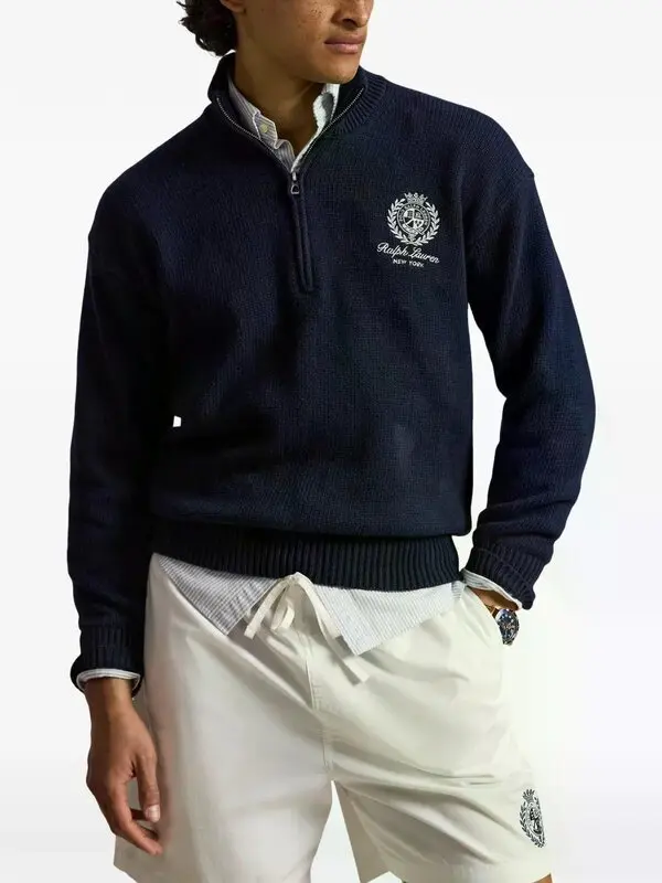 Polo Ralph Lauren Embroidered Crest Quarter-zip Sweater - Blue