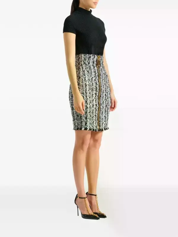Balmain Two-tone Tweed Skirt With Gold Zip Detail