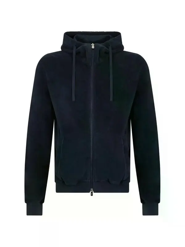 Fedeli Zip-up Drawstring Hoodie In Dark Cotton Terrycloth - Blue