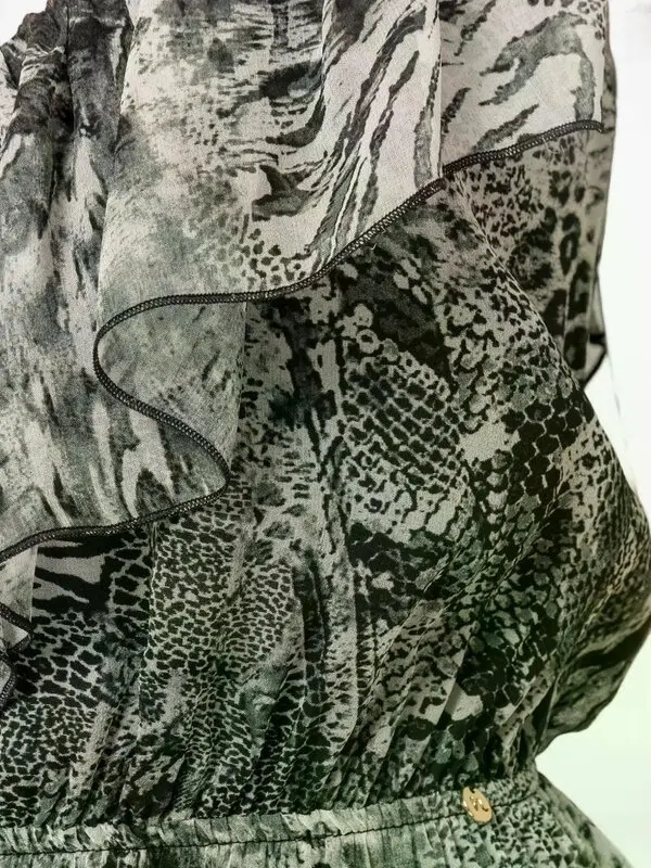 NISSA Printed Silk Mini Dress With Ruffle Details And Open Back - Grey