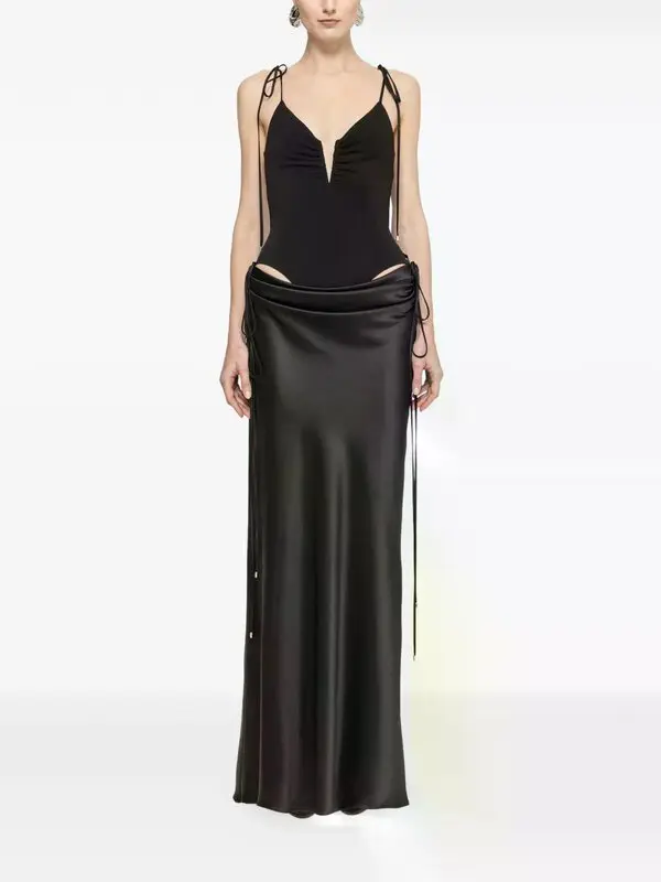 NISSA Draped Satin Maxi Dress With Integrated Bodysuit