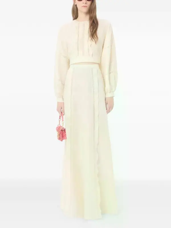 Valentino Garavani Couture Linen Skirt With Lace And Ruffle Details - Neutrals