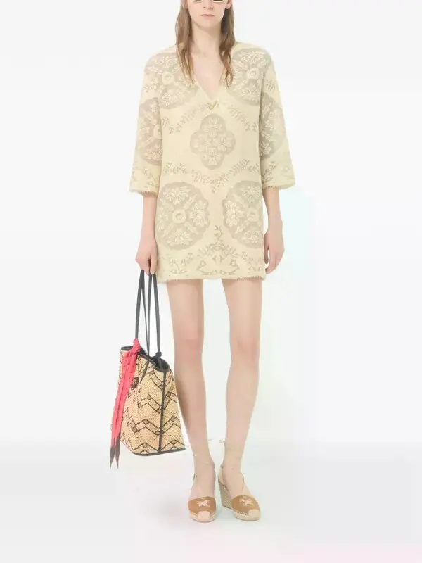 Valentino Garavani Short Dress In Floral Stamp Blanket - Neutrals