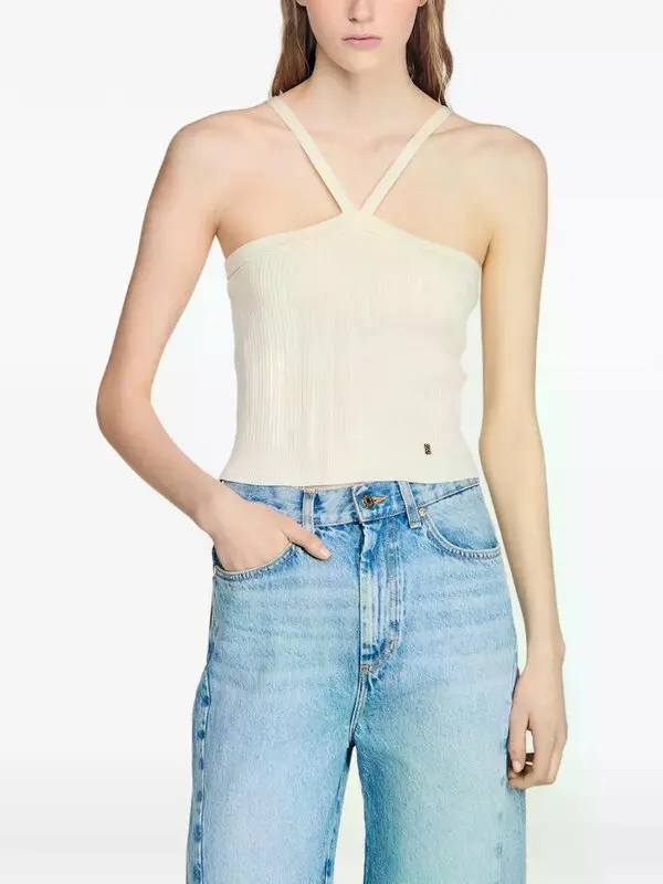 Sandro Ribbed-knit Cropped Halter Neck Top