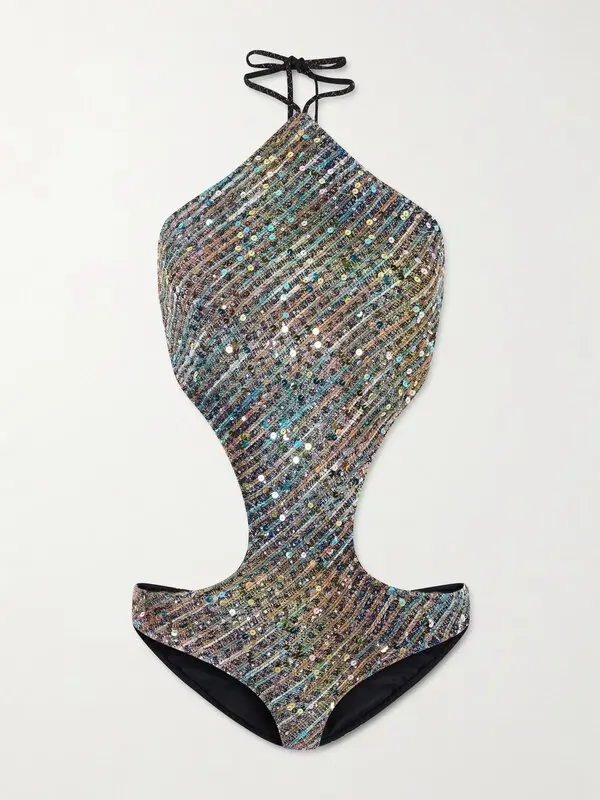 Missoni Cut-out Sequin-embellished Striped Metallic Cotton-blend Halterneck Swimsuit - Blue