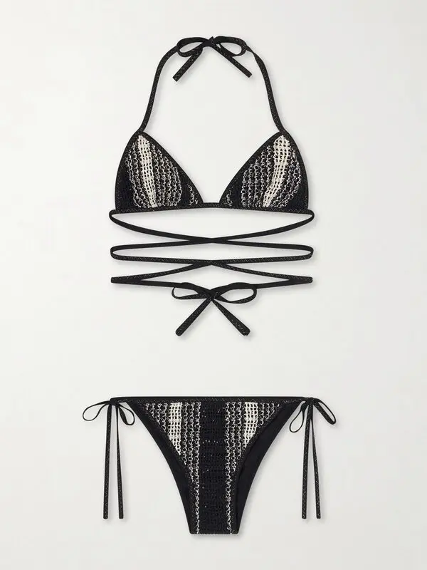 Missoni Mare Sequin-embellished Striped Metallic Crochet-knit Triangle Bikini - Black