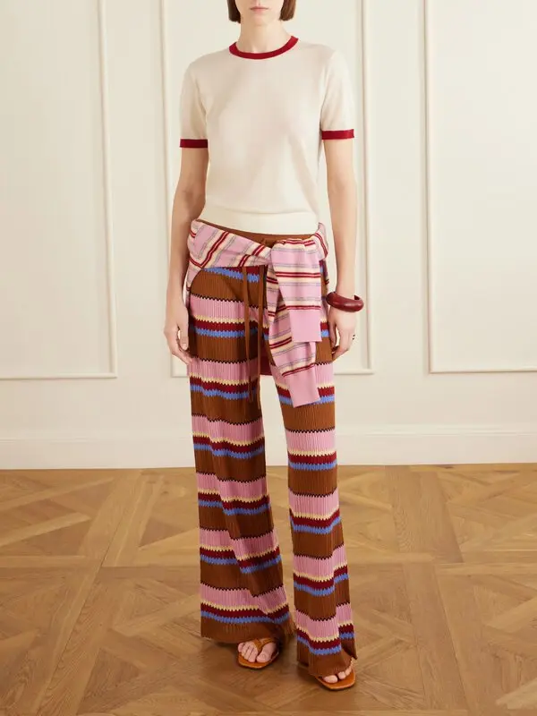 Guest In Residence Palazzo Striped Ribbed Silk And Linen-blend Wide-leg Pants - Pink