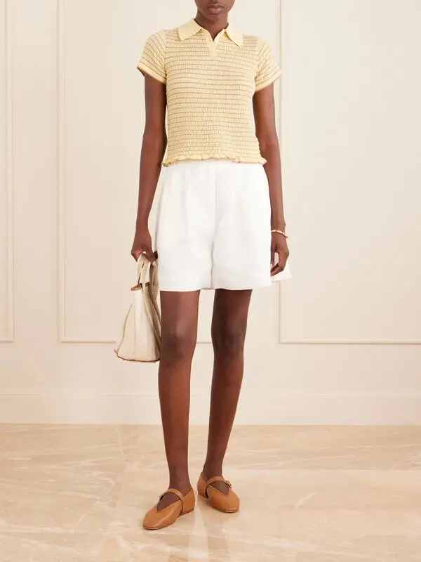 Guest In Residence Smocked Ruffled Striped Cashmere-blend Polo Sweater