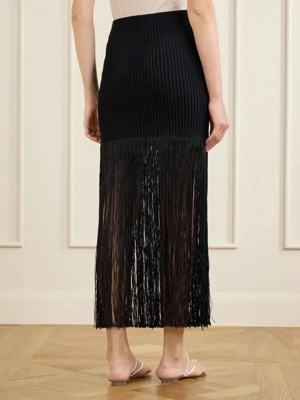Alaïa Ribbed Fringed Jersey Midi Skirt - Black
