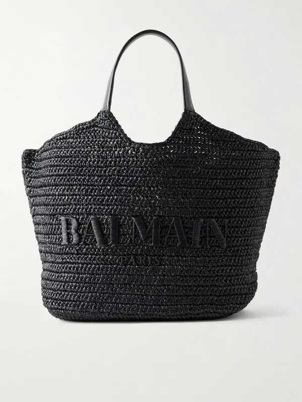 Balmain Large Logo Embroidered Raffia Tote Bag - Black