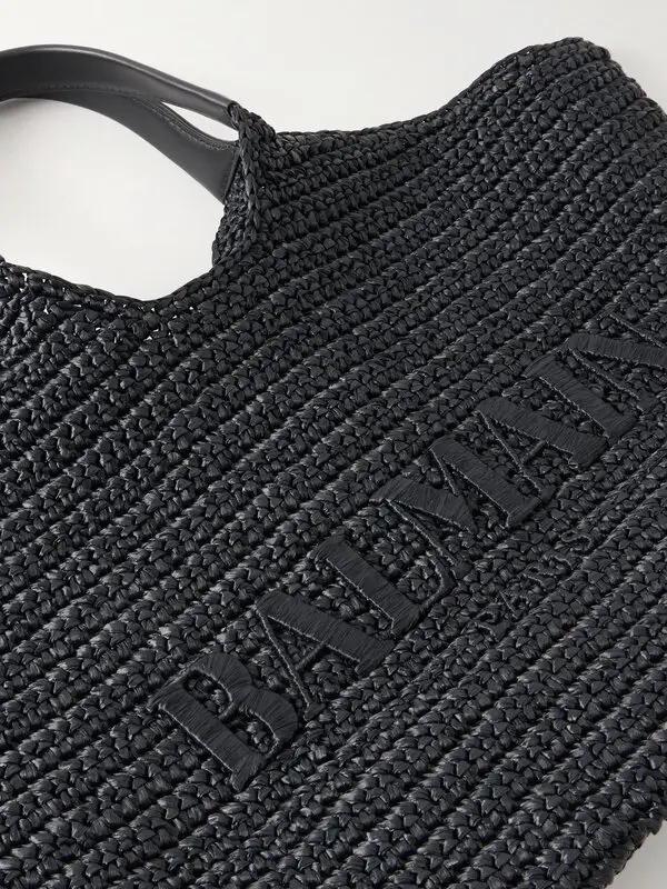 Balmain Large Logo Embroidered Raffia Tote Bag - Black