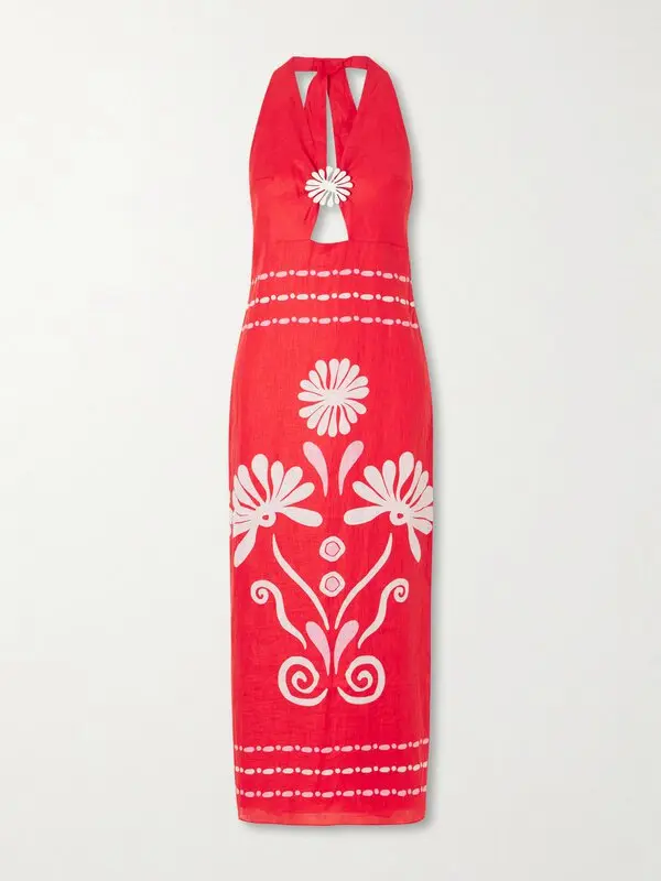 CALA DE LA CRUZ Orly Embellished Cutout Printed Linen Maxi Dress - Red