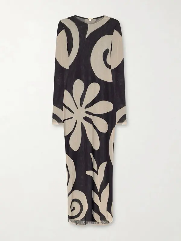 CALA DE LA CRUZ Tania Printed Mesh Midi Dress - Black