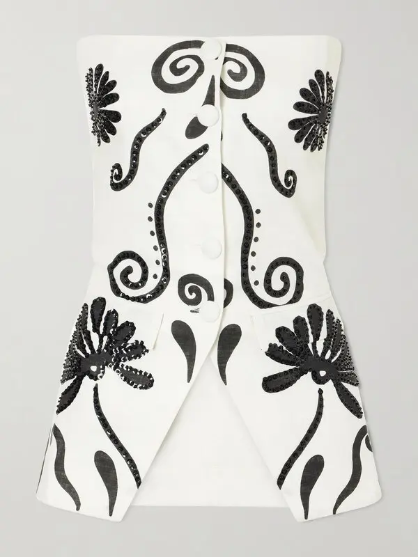 CALA DE LA CRUZ Milos Strapless Sequin Embellished Floral Print Linen Top - Neutrals