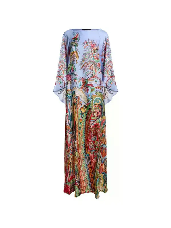 Etro Long Twill Dress With Placed Paisley Foliage Print - Blue