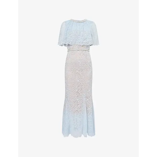SELF-PORTRAIT Caped-sleeve Belted Lace Midi Dress - Light Blue