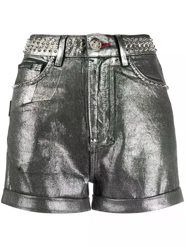 Philipp Plein Metallic Studded Denim Shorts - Silver