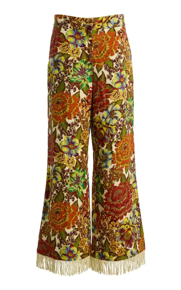 ALEMAIS Lana Fringed Floral Linen Flared Pants - Multi