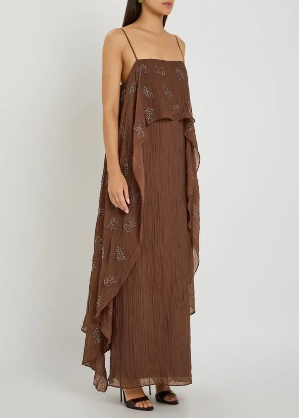 Staud Valencia Bead-embellished Crinkled Plissé Maxi Dress
