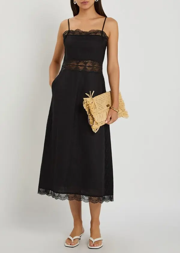 Staud Linen And Lace Midi Dress