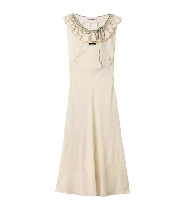 Miu Miu Embroidered Marocain Midi Dress - Neutral