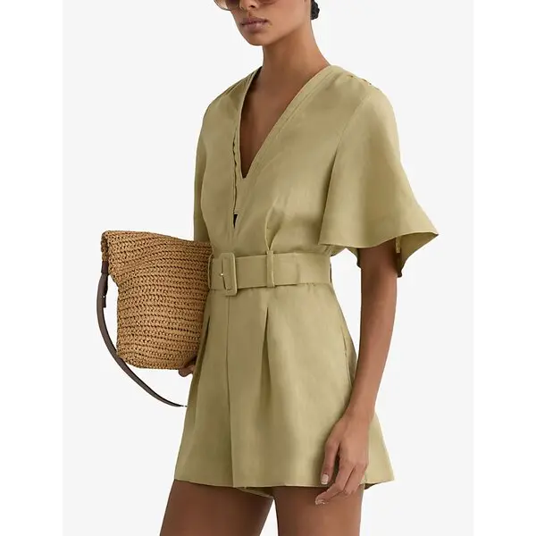 REISS Sansi Short-sleeve Belted Linen Playsuit