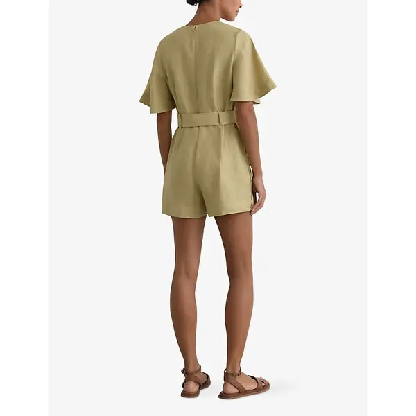 REISS Sansi Short-sleeve Belted Linen Playsuit