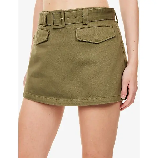 SELF-PORTRAIT Belted Flap-pocket Denim Skort