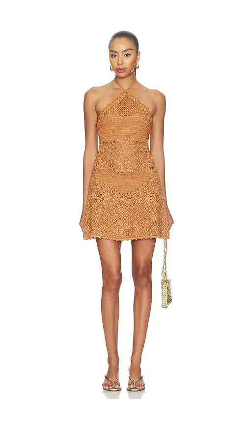 Retrofete Halterneck Crochet Dress With Metallic Threading - Rust