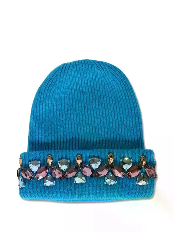 MELROSE HIGH Crystal Embellished Ribbed Beanie - Blue