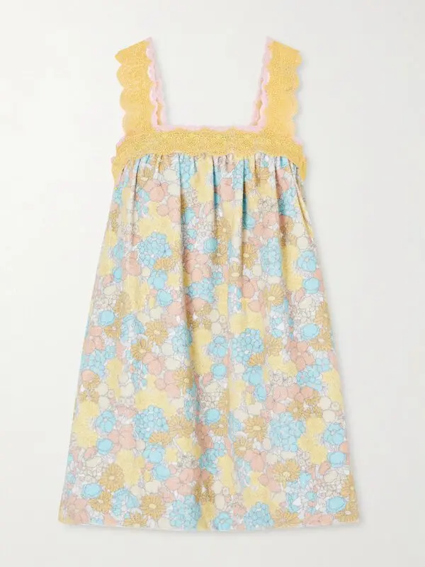 Chloé Pleated Lace-trimmed Floral-print Cotton-terry Mini Dress - Multi