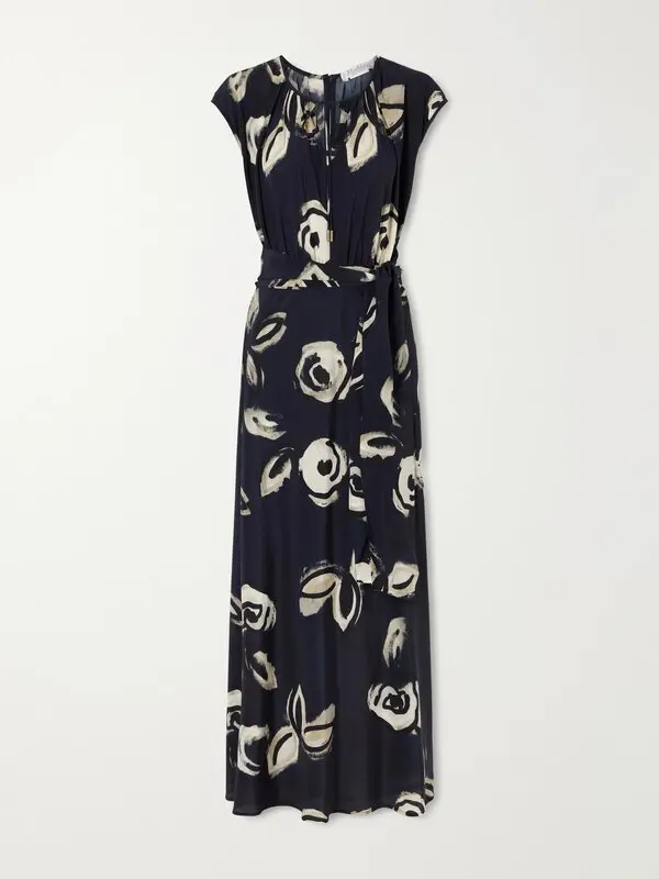 Max Mara Tie-detailed Floral Silk Chiffon Maxi Dress - Blue
