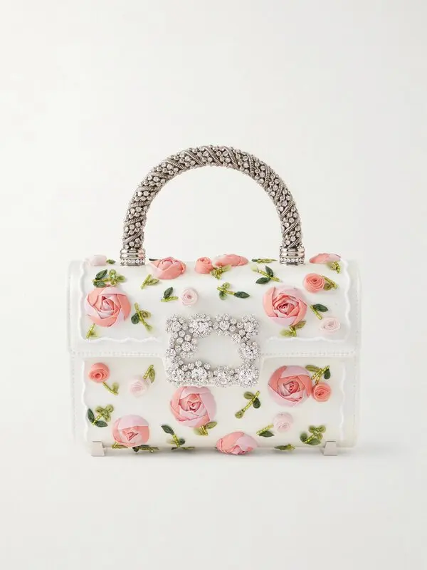 ROGER VIVIER Embellished Floral Satin Clutch - Neutrals