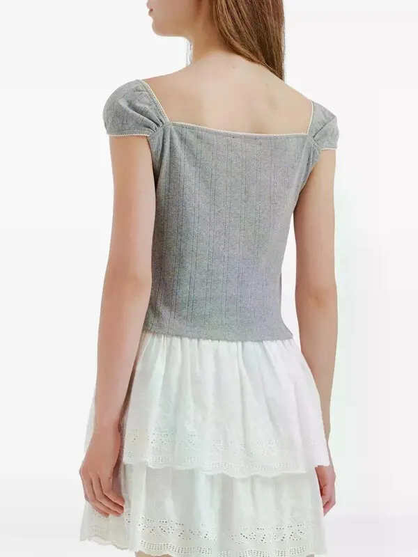 TOUT A COUP Floral-print Ribbed Ruched Sweetheart Neck Cap Sleeve Top