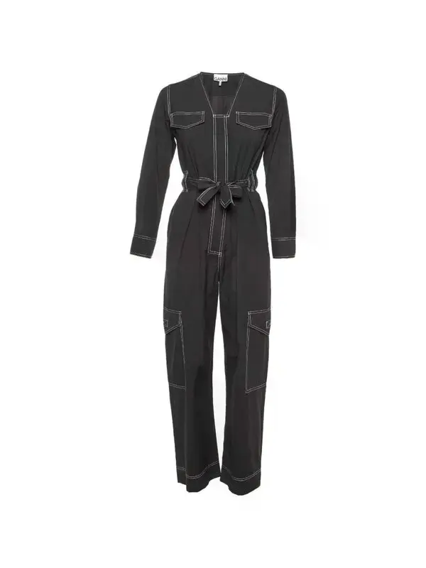 GANNI Belted Contrast-stitch Jumpsuit - Black