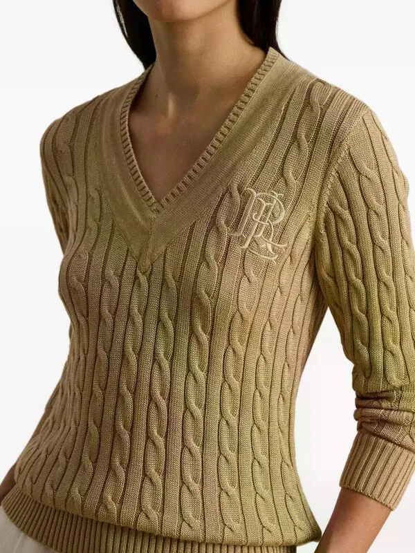 Ralph Lauren Cable-knit V-neck Sweater With Embroidered Logo - Neutrals